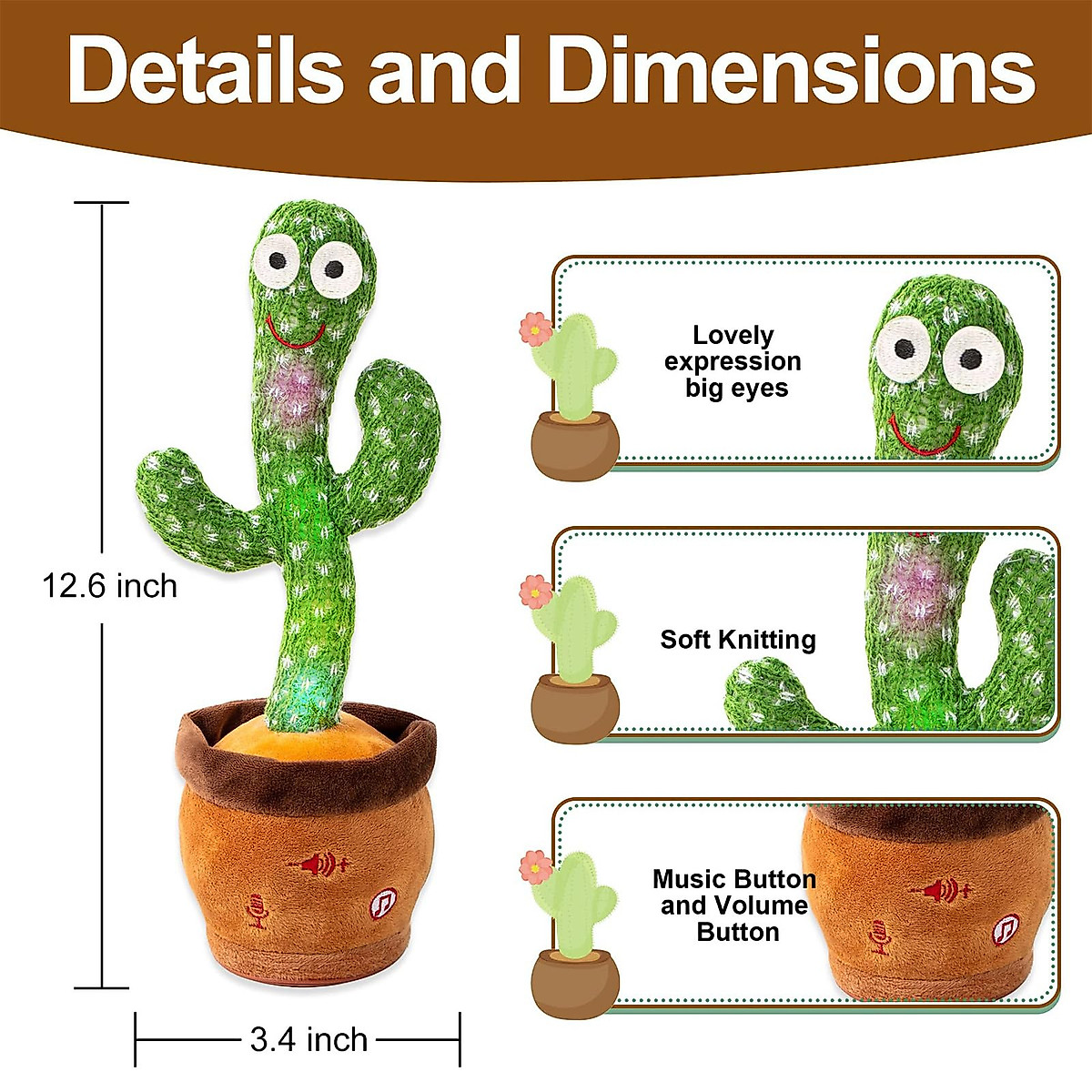 MIAODAM Volume Adjustable Dancing Cactus, Colorful Glowing Talking Cactus Toy, Repeating What You Say Cactus Toys Singing 120 Songs Cactus Plush Eletronic Baby Toys Funny Creative Kids Toy