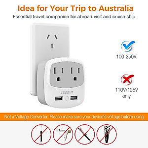 TESSAN New Zealand Australia Power Plug Adapter, Type I Travel Adaptor with 2 USB Ports 2 American Outlets, US to Australian AU Fiji Argentina China Charger Plug Converter