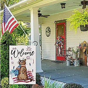 ricluck 4th of July Garden Flag Vertical Double Sided Independence Day Patriotic USA Flag Cat Burlap Welcome Memorial Day Summer Blue Red White Garden Size: 12 x 18inch HEMFLAG0039 0