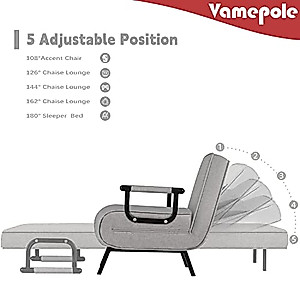 VAMEPOLE Sleeper Chair Bed, 20" Convertible Sofa Bed, 4 in 1 Folding Bed with 5-Position Adjustable Backrest & Pillow, Lazy Chaise Lounge Couch, Small Futon Chair Couch for Small Spaces (Light Grey)