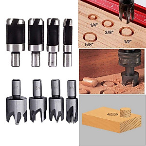 Baorder 8Pcs Wood Plug Cutter Drill Bit Set Carbon Steel Titanium Coated Woodworking Chamfer Drill Bits Straight and Tapered Taper 5/8" 1/2" 3/8" 1/4" Cutting Tool