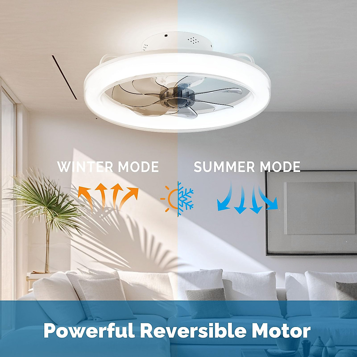 Orison Smart Ceiling Fans with Lights, 20'' Low Profile Ceiling Fan with Remote and App Control, Flush Mount Ceiling Fan with Voice Control, Compatible with Alexa & Google Home (White)