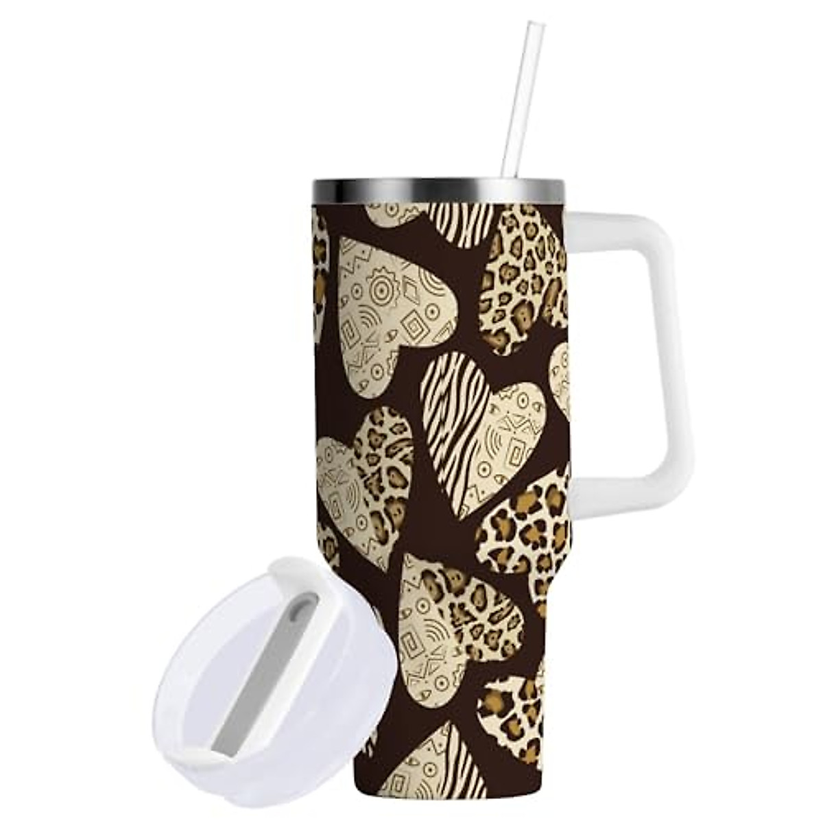 MCHIVER Hearts Animal Skin 40 oz Tumbler with Handle and Straw Stainless Steel Vacuum Water Bottle Leak-proof Travel Coffee Mug Insulated Tumbler for Home Car Office