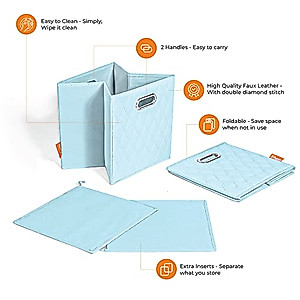 JIAessentials Medium 12-inch Blue Foldable Diamond Patterned Faux Leather Storage Cube Bins Set of Four with Handles with Dual Handles for living room, bedroom and office storage