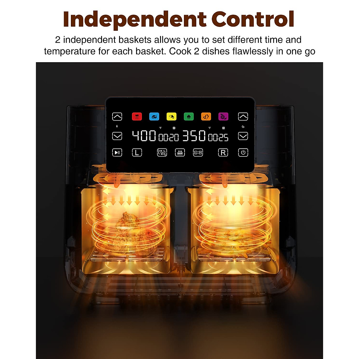 JOYAMI Air Fryer with 2 Baskets, 8 QT Dual Basket AirFryer with Sync-Finish, Nonstick and Dishwasher Safe, 6-in-1 Airfryer for Air Fry, Bake, Dehydrate, Roast, Broil & More, 1800W, Black