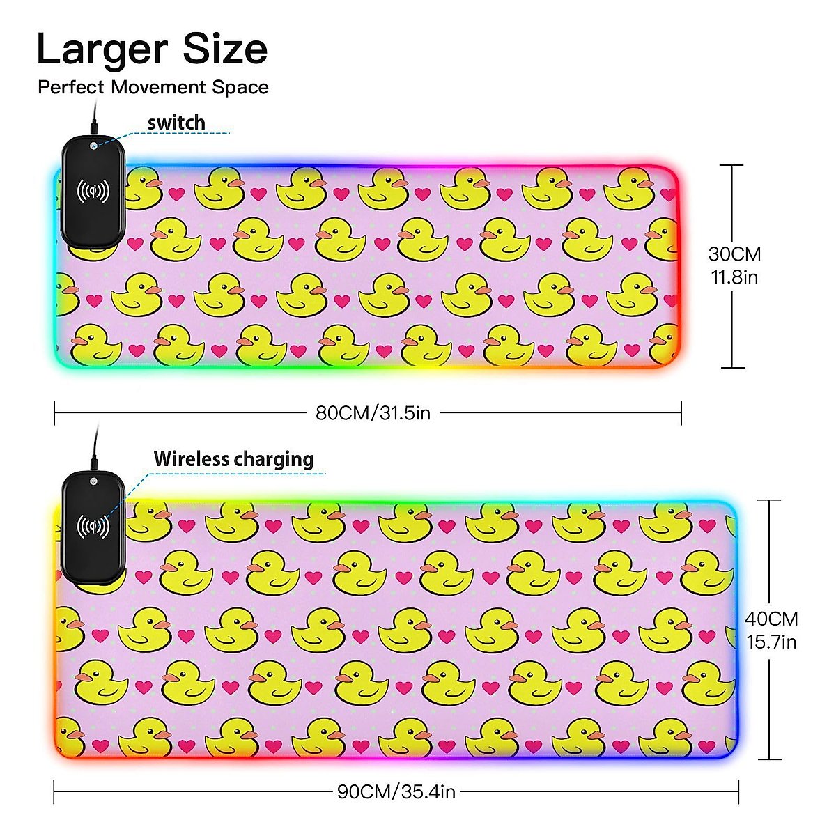 VKPSCHJ Desk Pad with Wireless Charging Ducks and Pink Heart Large RGB Gaming Mouse Pads 10 Light Modes Polka Dots 15W Computer Keyboard Mat Antislip Protector Mats for Office Home Table Gaming Decor