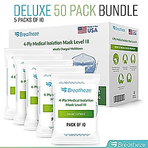 Breatheze 4 Ply Medical Isolation Face Mask Made in USA Level 3 Fluid Resistant FDA Registered Disposable Protective Face Cover with Nose Wire & Ear Loops - Thin Breathable - Box of 50 (5 Packs of 10)