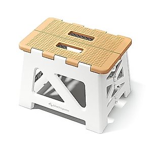 BLACKSPACE 9" Folding Step Stool for Kids or Adults, 300 lbs Capacity Non-Slip Compact Plastic Foldable Step Stool with Handle, Portable Lightweight Small Stool for Home or Kitchen(Khaki)