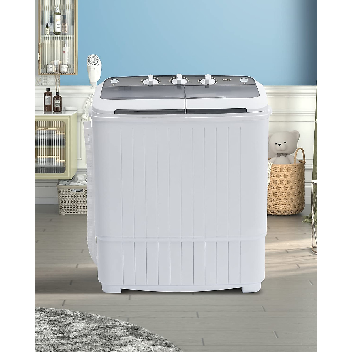 TABU 17.6Ibs Portable Washing Machine, Compact Washer Machine, Mini Washing Machine, Twin Tub Washer and Spiner, Ideal for Dorms, Apartments, RVs, Camping etc (White & Grey)