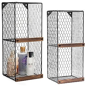 MyGift 2-Tier Black Chicken Wire Metal Hanging Wall Shelves for Storage with Wood Ledges, Farmhouse Freestanding Basket Bins, Set of 2