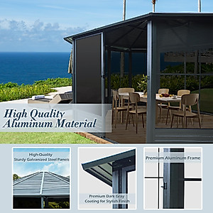 Domi 13x13FT Sunroom, Octagonal Solarium Aluminum Hardtop Gazebo with Galvanized Steel Roof, Detachable PE Screen, Sliding Door, Sun Room Pavilion Gazebo for Deck Backyard Garden