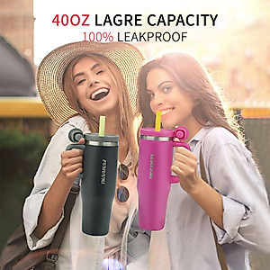 FUHUURI 40oz Stainless Steel Tumbler with Handle,Straw Lid,Double Wall Insulated, Keep Drinks Cold or Hot,Cupholder Friendly (Rose red)