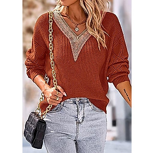 KIRUNDO Women’s 2023 Fall Casual Crochet Long Sleeve Lace V Neck Ribbed Knit Pullover Sweater Tops Rust Red