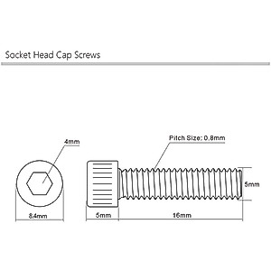 50PCS M5x16mm 0.8mm Pitch Bolts Socket Cap Head Hex Key Screws