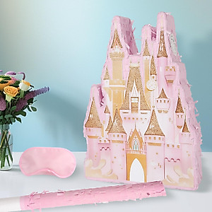 Princess Castle Pinata - Pink Castle Pinata with Blindfold and Bat for Girls Kids Princess Theme Birthday Party Game Decorations (16.7”x11.8”x3”)