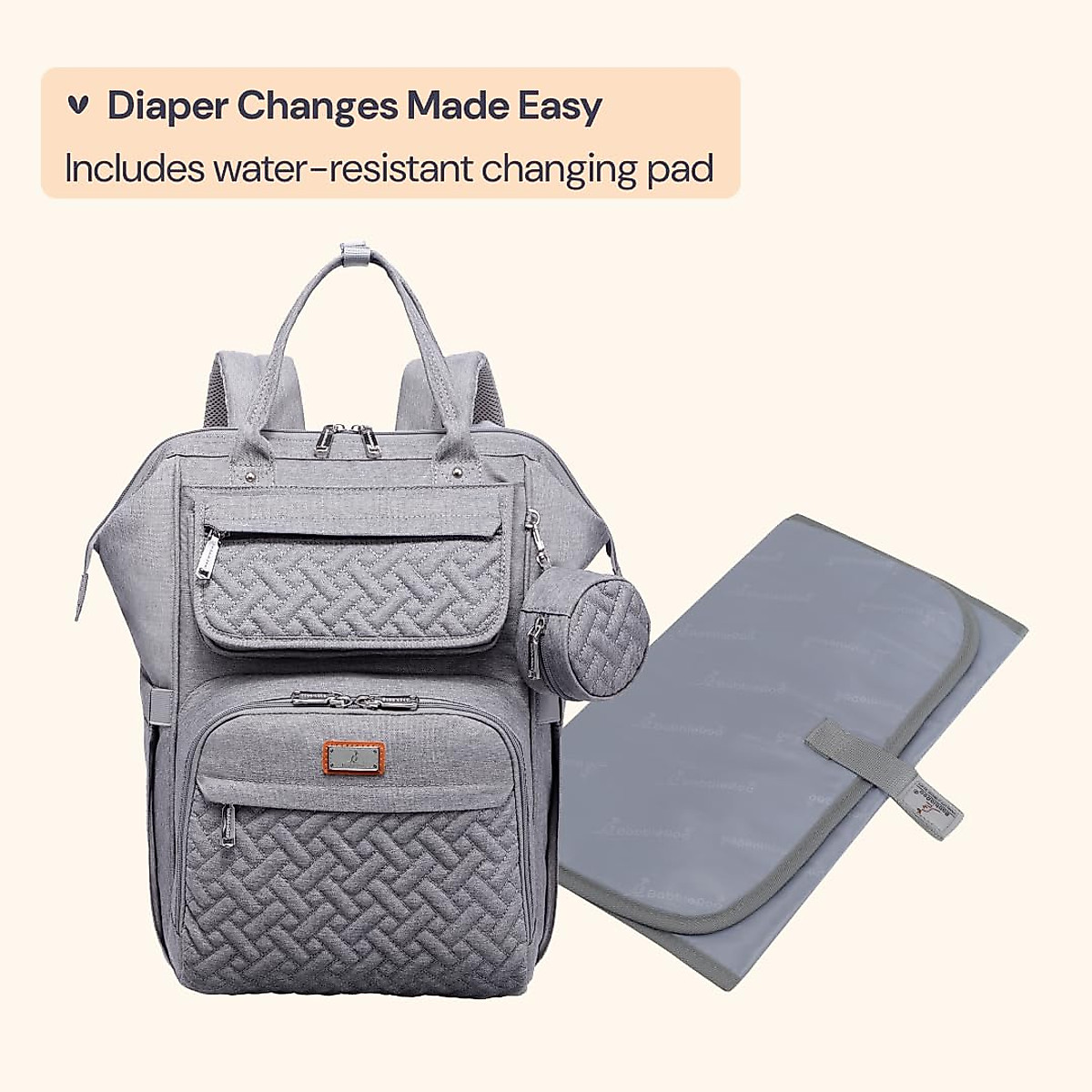 BabbleRoo Diaper Bag Backpack, Multifunction Large Bags with Changing Pad & Stroller Straps & Pacifier Case, Unisex Stylish Travel Back Pack Nappy Changing Bag for Moms Dads (gray)