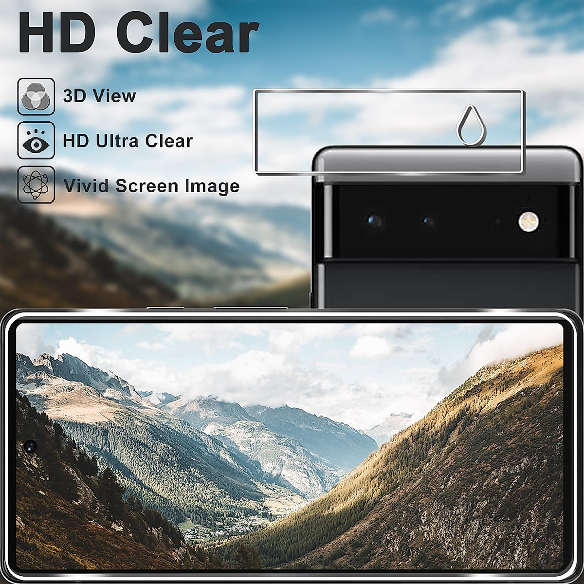 [3+3 Pack] Pixel 6 Screen Protector + Camera Lens Protector, HD Tempered Glass Film, Fingerprint Unlock, Anti-Scratch, Easy Installation, Bubble Free, 9H Glass Screen Protector for Google Pixel 6 5G