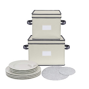 Chapman & Grand Plate Storage Chests (2-Piece Set), Dinnerware Protective Container Box for Dinner, Salad or Dessert Plates (Light Beige-Gray)