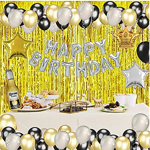 Golden Birthday Decorations Kit for Women 66 Pieces, Happy Birthday Banner, Fringe Curtains, Foil Balloons for 13th 16th 20th 21st 30th 35th 50th 60th Girls Boys Party Supplies