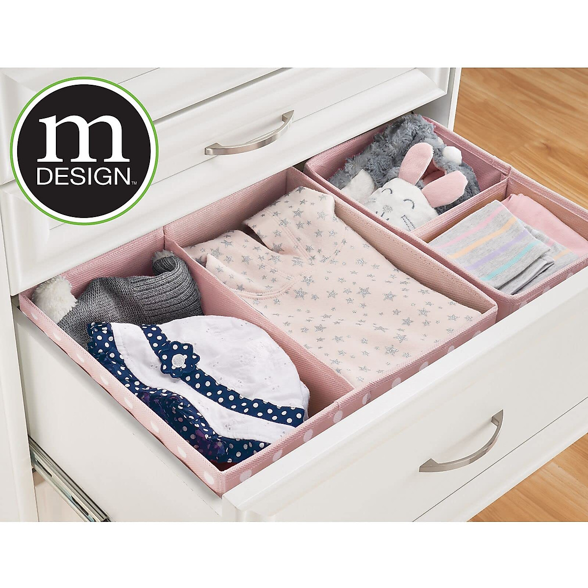 mDesign Fabric Drawer Organizer Bins, Kids/Baby Nursery Dresser, Closet, Shelf, Playroom Organization, Hold Clothes, Toys, Diapers, Bibs, Blankets, Set of 2, 6 Pack, Pink/White Polka Dot