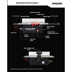 Wahuda Tools Jointer - 10-inch Benchtop Wood Jointer, Spiral Cutterhead Portable Jointer, Cast Iron Tables w/Pull Out Extensions, 4-Sided Carbide Tips & 12amp Motor, Woodworking Tools (50110CC-WHD)