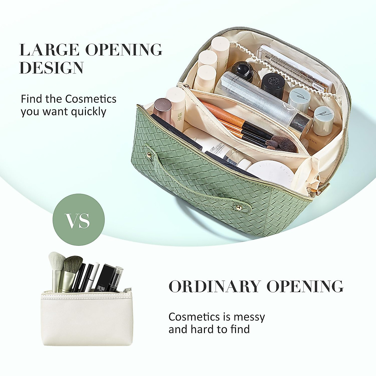 BYKASIST Travel Makeup Bag Large Capacity Cosmetic Bags for Women Portable Makeup Bag Opens Flat for Easy Access Travel Toiletry Bag Leather Waterproof Women Travel Cosmetic Bag Organizer, Green