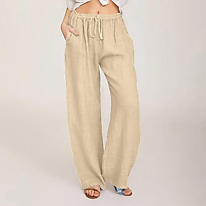 Capri Pants for Women Casual 2023 Summer Drawstring Elastic High Waist Linen Pant Straight Wide Leg Cropped Trouser Women Casual Pants Khaki 2X