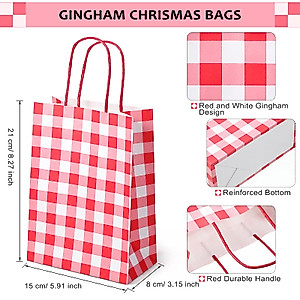 30 Pieces Gingham Gift Bags Kraft Paper Bag Christmas Buffalo Plaid Bag Present Bag Party Favor Bag with Handle Goody Bag for Christmas Birthday Party Supplies, 5.91 x 8.27 x 3.15 Inch (Red White)