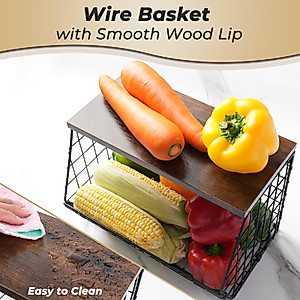 Mefirt 2pcs Fruit Basket Onion Storage Wire Baskets with Wood Lid, Stackable Wall-mounted & Countertop Tiered Kitchen Counter Organizer for Snack, Fruit and Vegetable Storage, 11.8 * 7.9 * 8.5 Inches