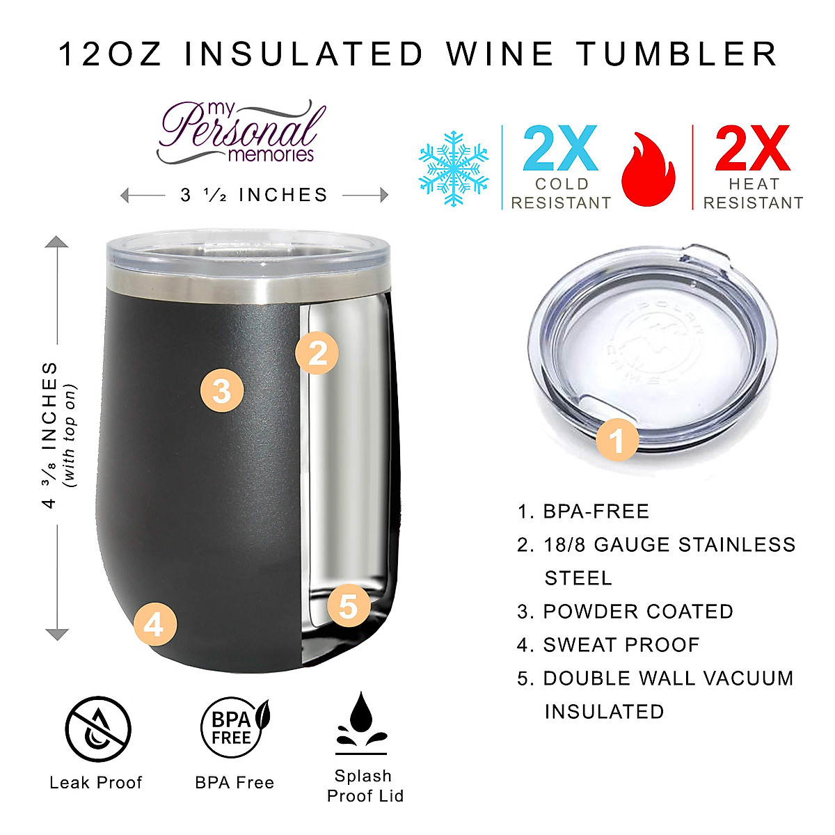 Custom Engraved Insulated Stemless Wine Tumbler Cup - Personalized Bridesmaid Beach Pool Girls Fun - Monogrammed (Black)