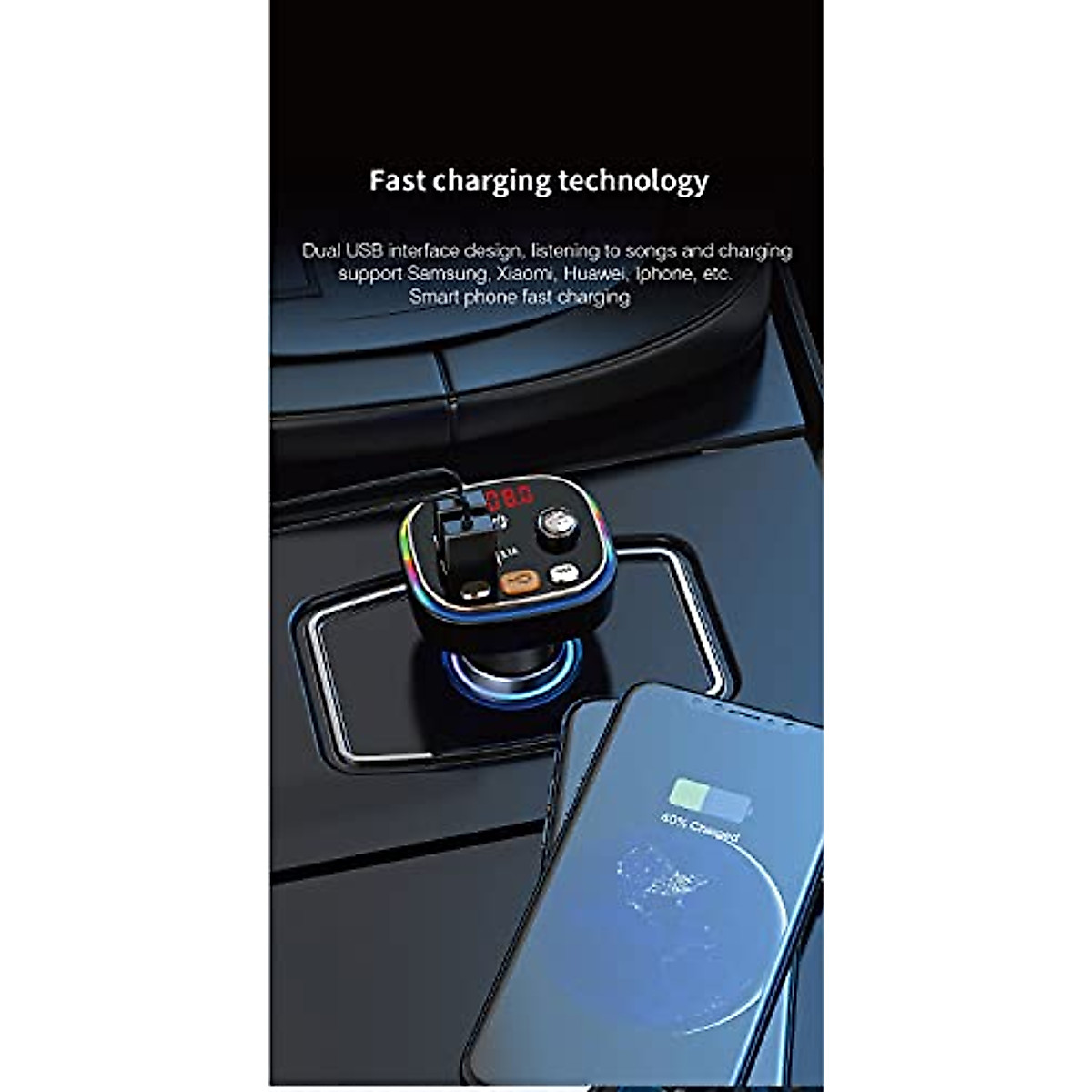 OHITEC Bluetooth5.0 FM Transmitter for Car,Bluetooth Car Adapter with Dual USB Charging Car Charger MP3 Player Support TF Card & USB Disk, 7 Colors Led Backlit Light, Hands Free Calling (C20)
