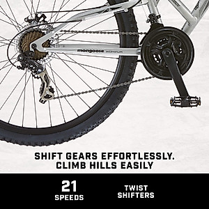 Mongoose Impasse Full Suspension Mountain Bike, Men and Women, 18-Inch Aluminum Frame, 29-Inch Wheels, Front and Rear Disc Brakes, Twist Shifters, 21-Speed Rear Deraileur, Silver