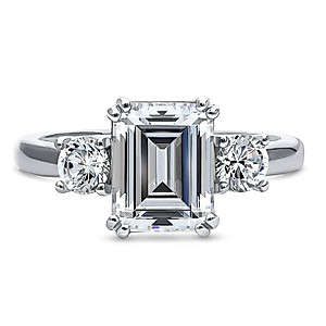 BERRICLE Sterling Silver 3-Stone Wedding Engagement Rings Emerald Cut Cubic Zirconia CZ Promise Ring for Women, Rhodium Plated Size 5.5