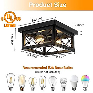 Aolloa Black Flush Mount Ceiling Light, 2-Light Hallway Light Fixtures Ceiling Mount, E26 Base Close to Ceiling Light with Vintage Metal Square Ceiling Lamp for Kitchen, Living Room, Bedroom