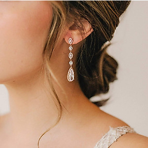 SWEETV Long Pear-Shaped Wedding Birdal Earrings for Brides, Bridesmaids, Crystal Chandelier Dangle Drop Earrings for Women Prom, Silver
