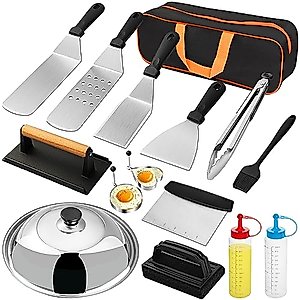 Griddle Accessories Kit, 16pcs Flat Top Grill Griddle Tools Set for Blackstone and Camp Chef, Professional Grill Spatula Set with Basting Cover, Spatula, Scraper, Tongs for Outdoor BBQ and Camping