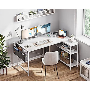 ODK 48 Inch Small L Shaped Gaming White Computer Desk with Power Outlets, Corner Desk with Reversible Storage Shelves & PC Stand for Small Space Home Office, Modern Simple Writing Table, White