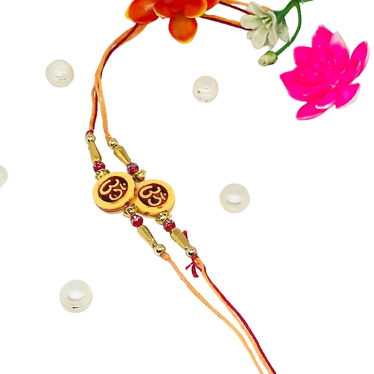 TheNext7 Set of 2 Rakhi for Brother, rakhee, Rakhi Gift for Brother, Rakhi Bracelet, Rakhi Thread, Rakhi for Bhai, Rakhi for Bhaiya Bhabhi, Om Pendant with Red-Golden Beads Rakhi.