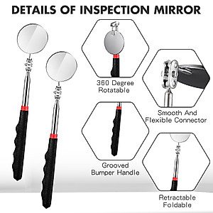 Copkim 2 Pcs Telescoping Inspection Mirror,29 Inch Mechanics Mirror Tool with Long Handle, Round Extendable Mirror on a Stick for Technicians Mechanics Contractors Checking Observation (Black)