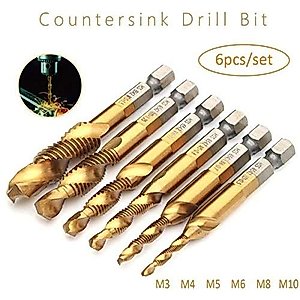 6Pcs M3 M4 M5 M6 M8 M10 Coated HSS Spiral Flute Metric Taps Set Metric Thread Tap Drill and Tap Bits 1/4" Hex Shank Screw Taps Tool Set