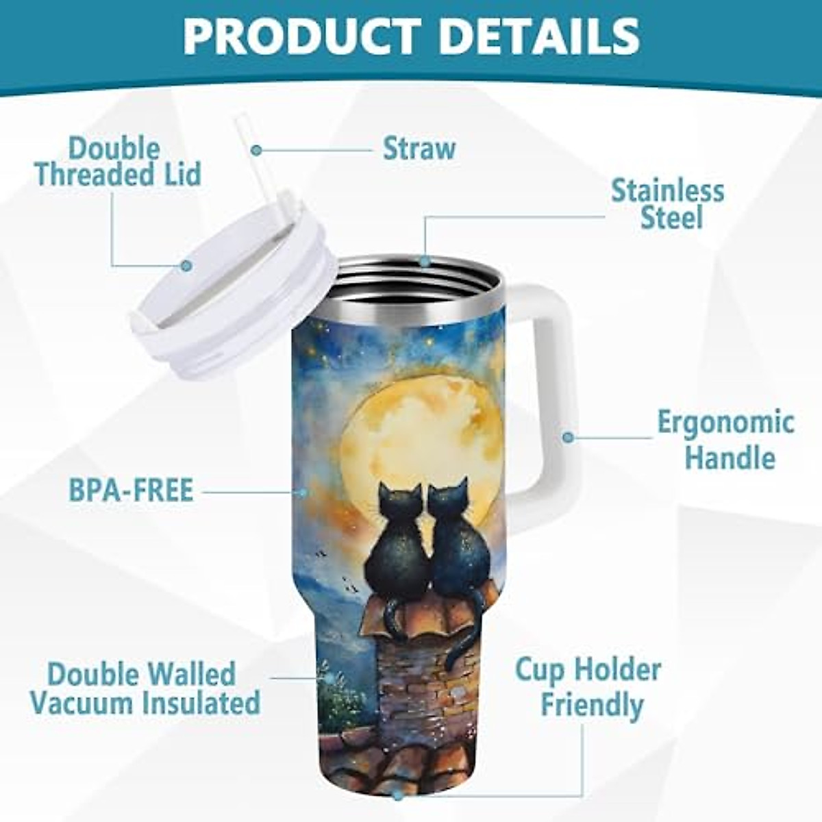 ODAWA Romantic Cats Moon Blue Travel Coffee Tumbler 40 Oz Drinking Cups with Lid and Straw
