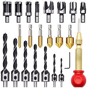 23pcs Woodworking Chamfer Drilling Tool Set, Including 7pcs 3-Point Countersink Drill Bit, 8pcs Wood Plug Cutters, 6pcs Countersink Drill Bits, 1pcs L-Wrench, 1pcs Center Punch for Wood