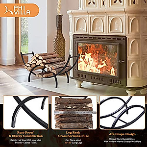 PHI VILLA 40 Inch Heavy Duty Large Curved Indoor/Outdoor Firewood Racks Log Hoop, Oval Base for Kindling Wood Storage Wood Stove Accessories, Black