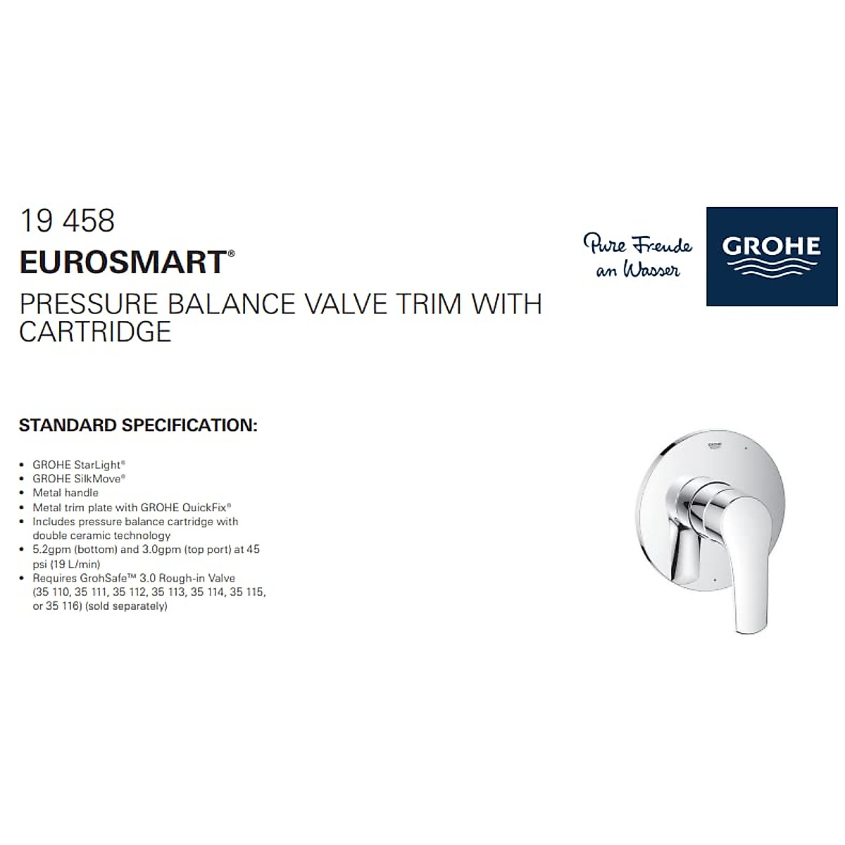 GROHE 19458003 Eurosmart Shower Valve Trim, Chrome