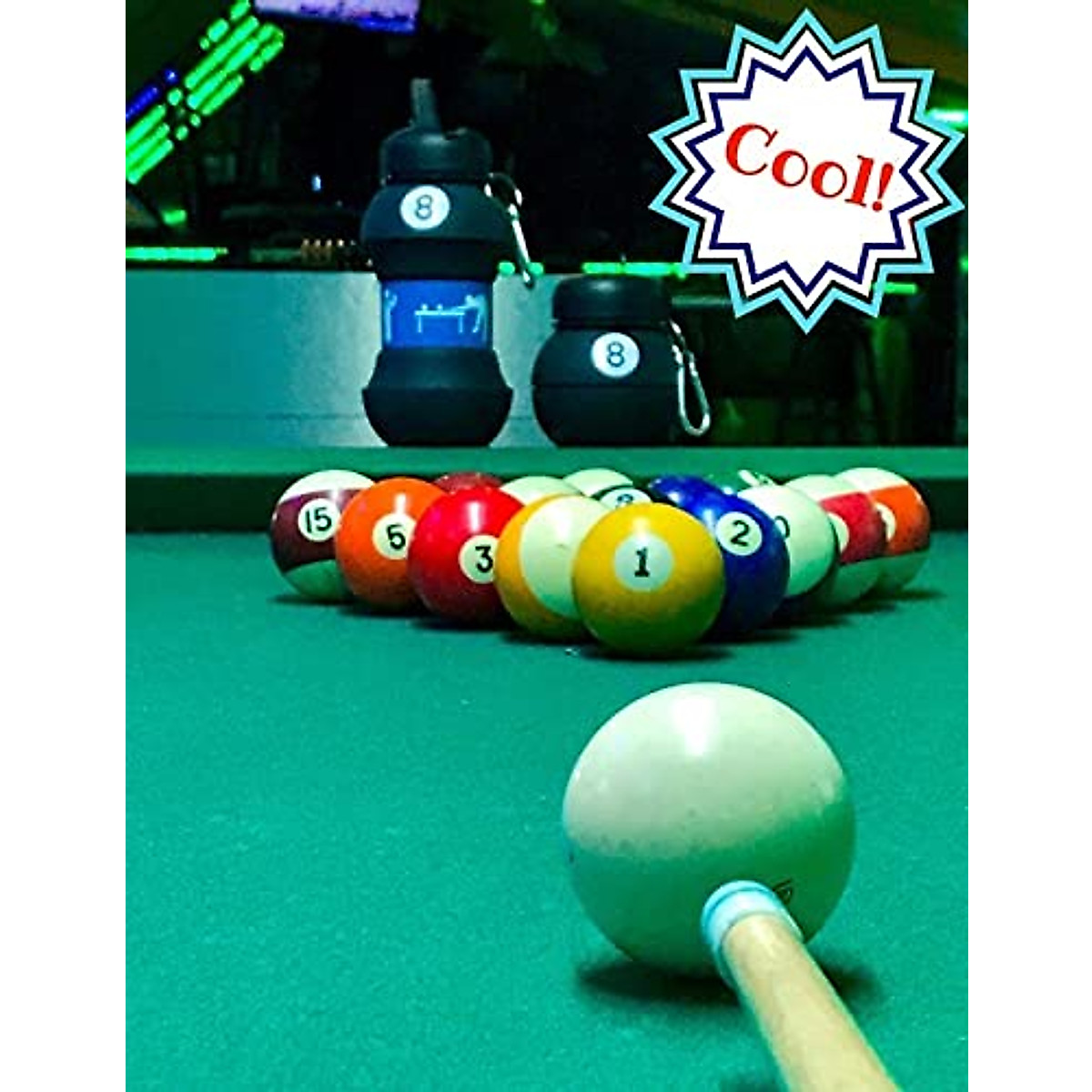 8 Ball Water Bottle - Collapsible Silicone Durable Handheld H2O Wide Mouth Black Sports Billiards Ball Container holds 19oz