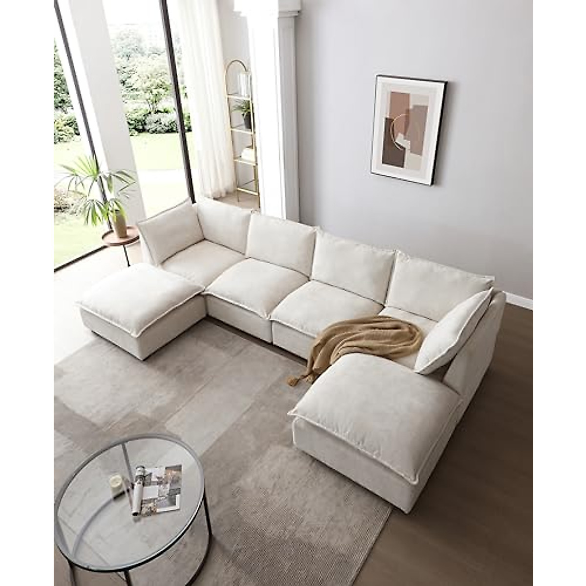 Free Combination Reversible Modular Sectional Sofa with Double Chaise and Thicked Cushions , U Shaped Symmetrical Oversized Sleeper Corner Couch w/ Detackable Backrest and Wooden Legs for Living Room