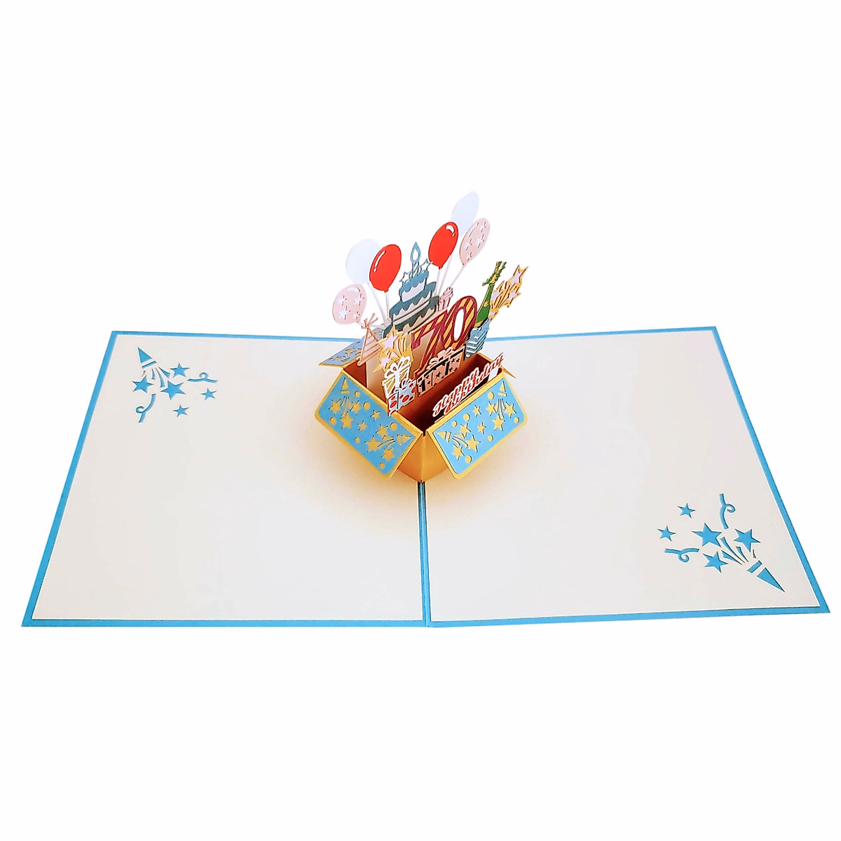 iGifts And Cards Happy 70th Blue Birthday Party Box 3D Pop Up Greeting Card – Seventy, Awesome, Balloons, Unique, Celebration, Feliz Cumpleaños, Fun, Festive