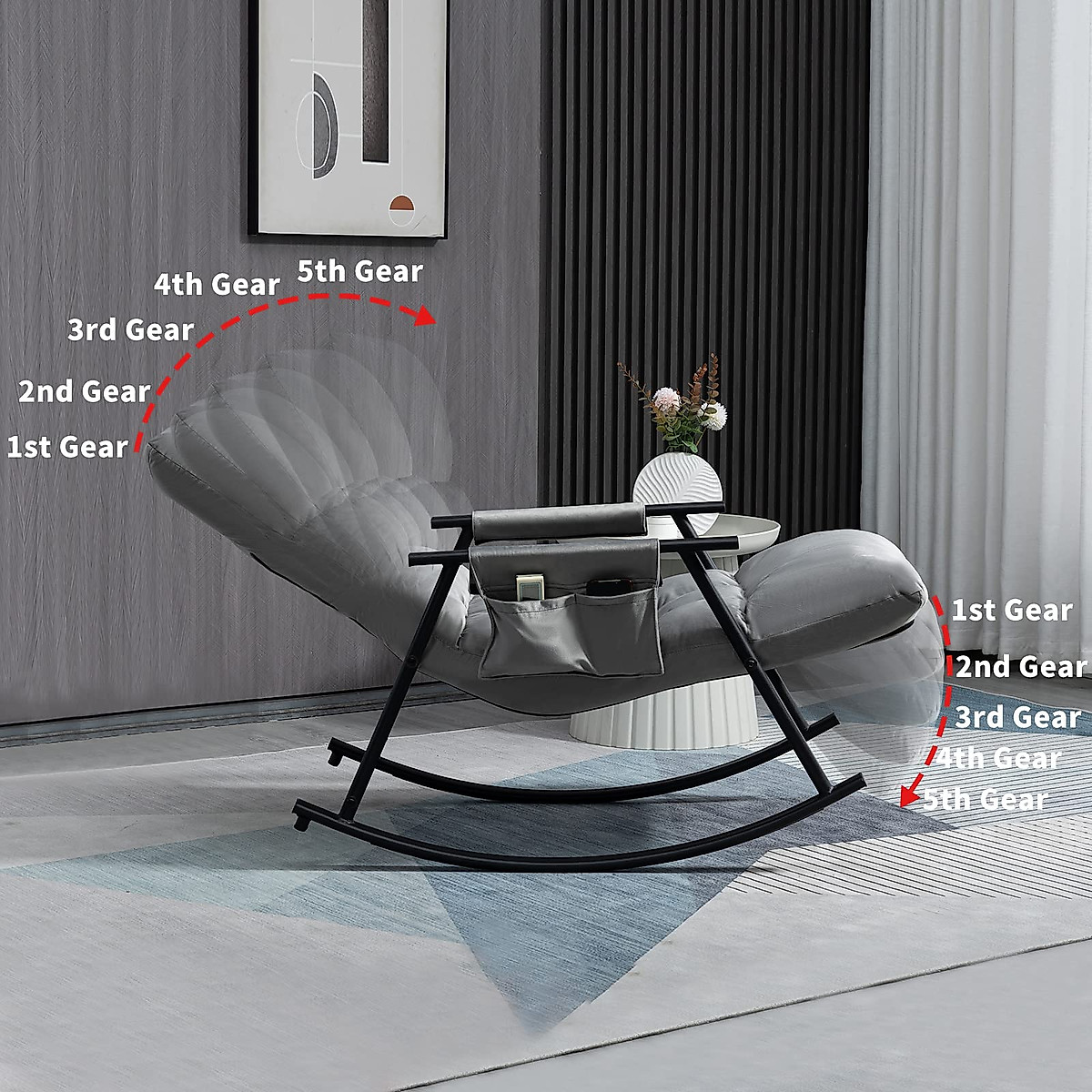 ZJhome Velvet Accent Folding Rocking Recliner Chair Nursery with Side Pocket Adjustable High Back & Foot Rest, Comfortable Upholstered Nursing Glider Rocker Armchair for Living Room, Bedroom(Gray)