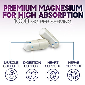 Magnesium Citrate Capsules 1000mg - Max Absorption Magnesium Powder for Muscle, Nerve, Bone and Heart Health Support, High Absorption Citrate Complex, Gluten Free, Non-GMO - 120 Capsules