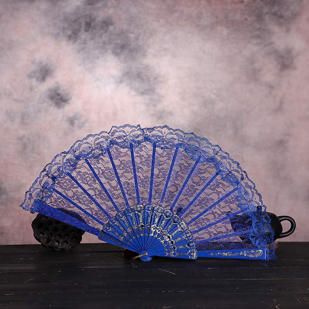 DUO ER Chinese Style Fans Dance Wedding Party Lace Silk Folding Hand Held Flower Fan Hollow Lace (Color : Pink)
